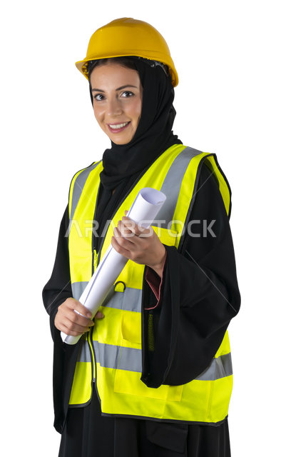 Portrait of a smiling Arab-Emirati-Gulf architect holding a building ...