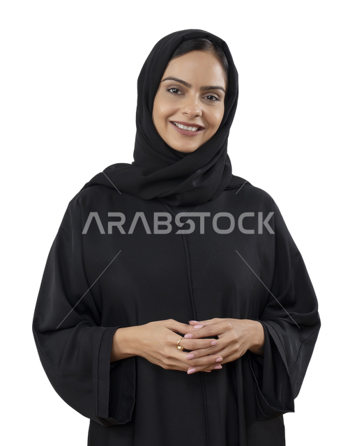 Portrait of an Emirati Arab Gulf woman wearing abaya and hijab, making various gestures holding ...