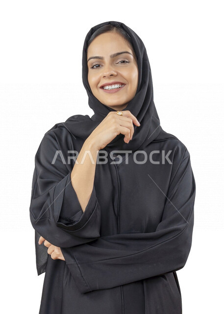 Portrait of an Arab Emirati Gulf woman wearing abaya and hijab, face and hand gestures ...