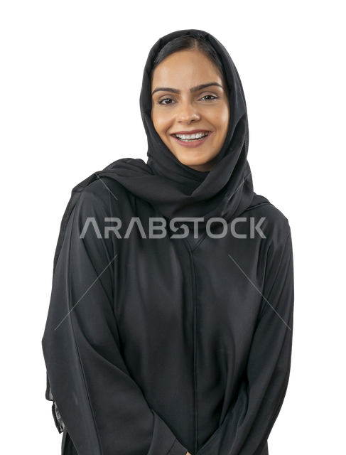 Portrait of an Arab Emirati Gulf woman wearing abaya and hijab, face ...