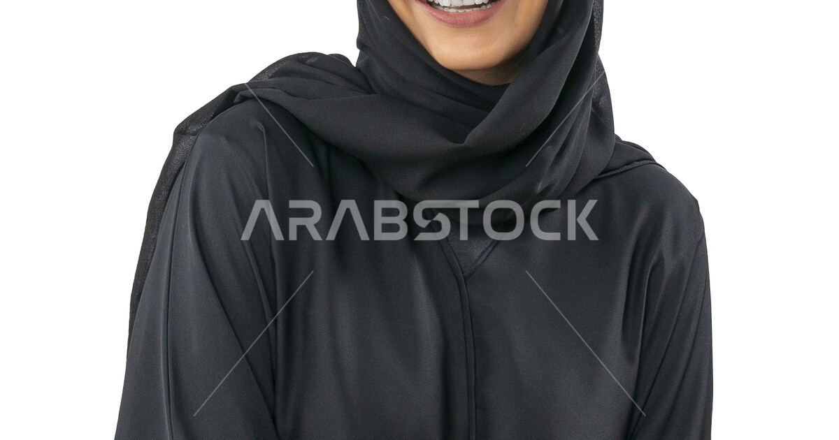 Portrait of an Arab Emirati Gulf woman wearing abaya and hijab, face ...