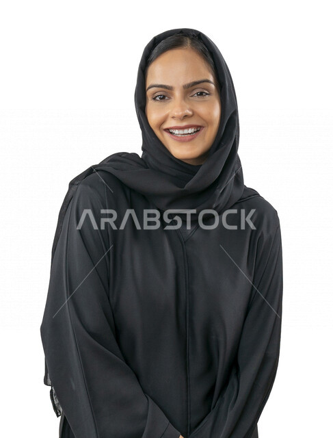 Portrait of an Arab Emirati Gulf woman wearing abaya and hijab, face ...
