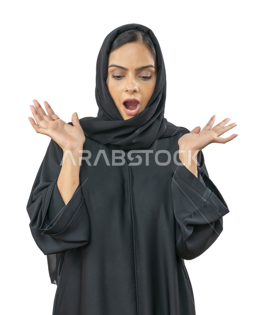 Portrait of an Emirati Arab Gulf woman wearing a Saudi cloak, making ...