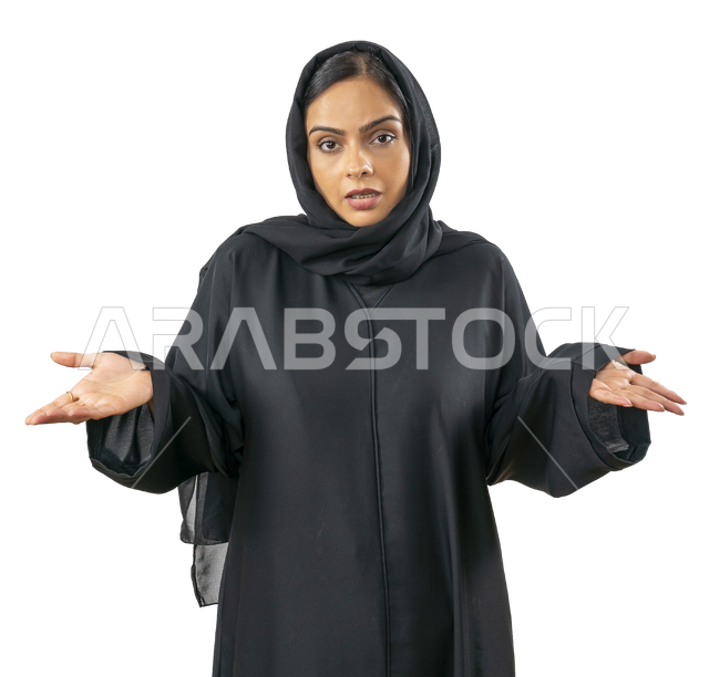 Portrait of an Emirati Arab Gulf woman wearing a Saudi cloak, making ...