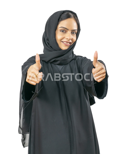 Portrait of an Arab Emirati Gulf woman wearing abaya and hijab, gestures of two hands indicating ...