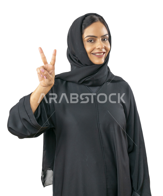 Portrait of an Arab Emirati Gulf woman wearing abaya and hijab, gestures of two hands indicating ...