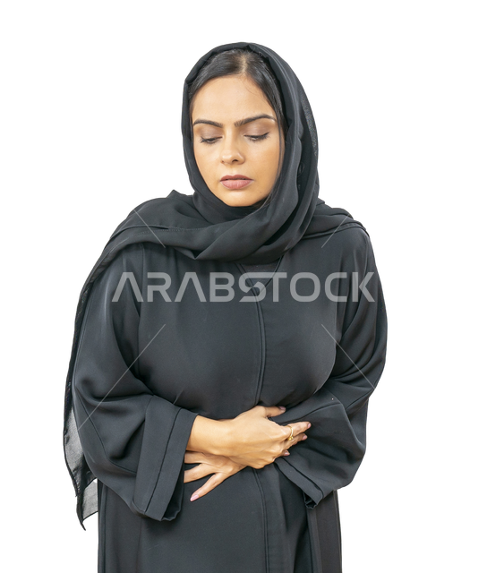 Portrait of an Arab Emirati Gulf woman wearing abaya and hijab, making ...