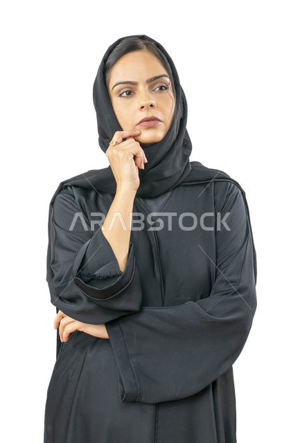 Portrait of an Emirati Arab Gulf woman wearing a Saudi cloak, making ...