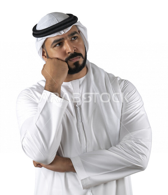 Portrait of an Arab Gulf Emirati man wearing traditional Emirati dress ...