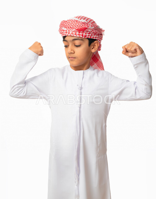 Biceps movement, exercise to get a healthy body, portrait of an Arab ...