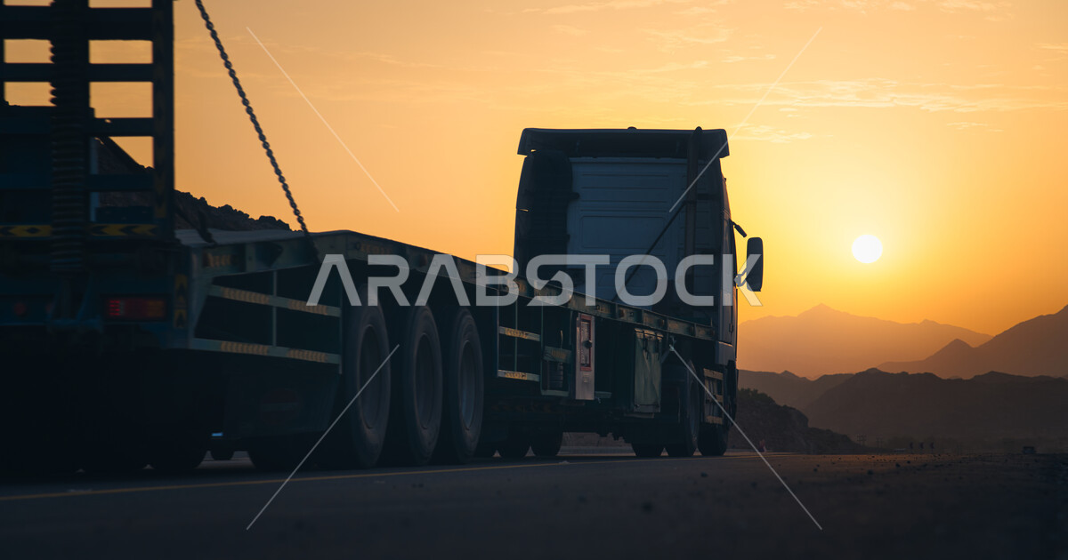 large truck on a desert road during sunset, desert nature, desert ...