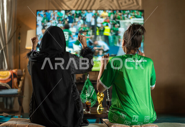 Saudi Arabian Gulf female fans at the moment of watching the football ...