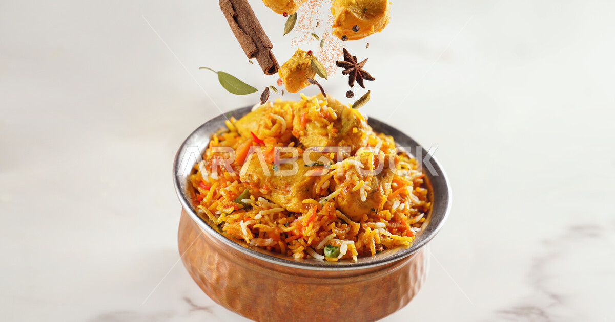 A plate of delicious biryani rice with meat, dazzling rice, traditional ...