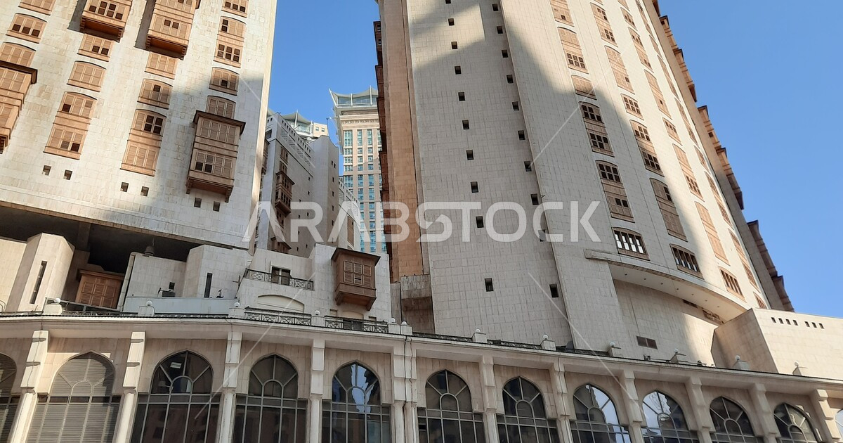 Close-up image of the towers of Mecca overlooking the Great Mosque of ...