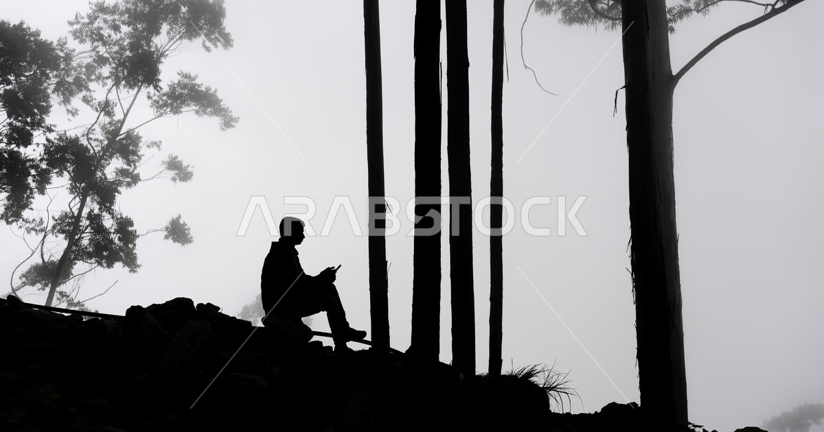 Silhouette of a man sitting among nature, nature background, black and ...