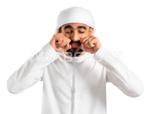 Portrait of an Arab Gulf Emirati man wearing a turban and an Emirati ...