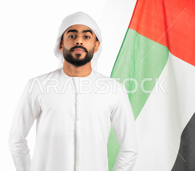 Flag of the United Arab Emirates, a portrait of an Emirati Arab Gulf ...