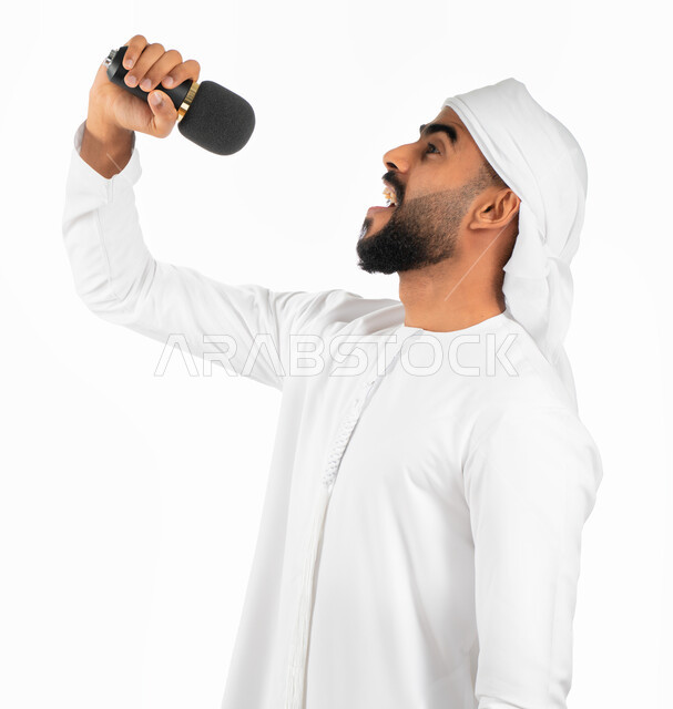 Recording a lyrical audio clip, a portrait of a Gulf Arab Emirati man ...