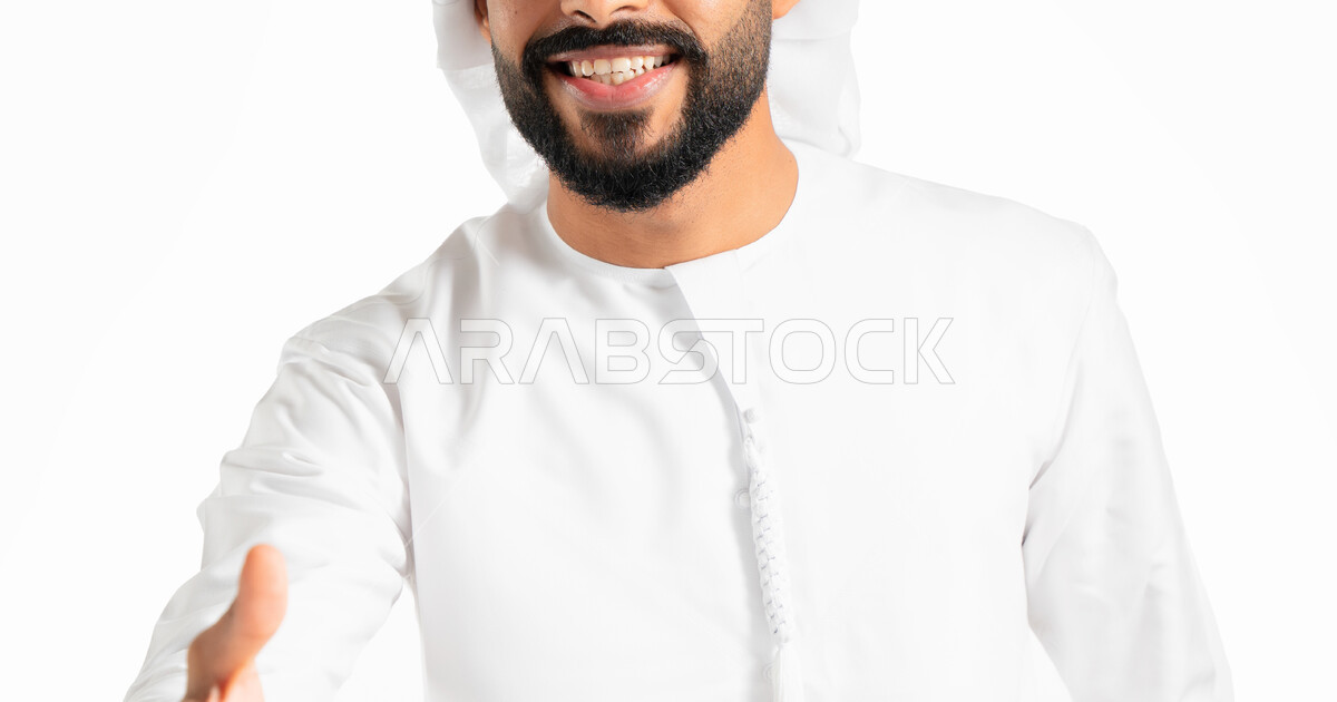 Greetings, peace and welcome, a portrait of a Gulf Arab Emirati man ...
