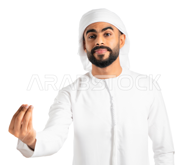 Calmness and a request to wait, a portrait of a Gulf Arab Emirati man ...