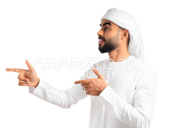 Pointing to the left, a portrait of a Gulf Arab Emirati man wearing a ...