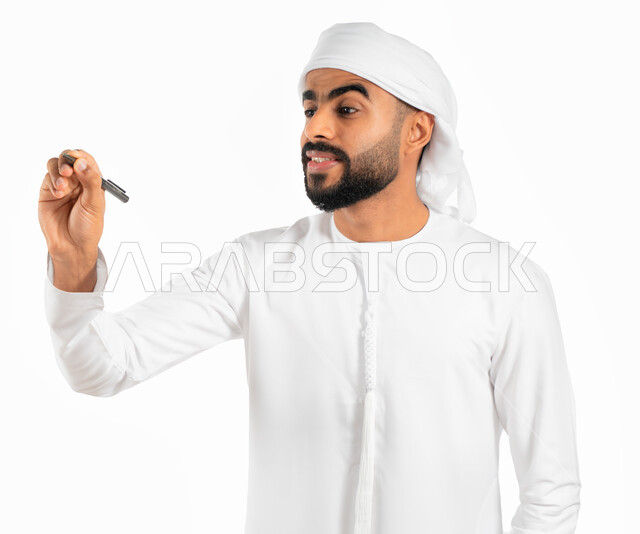 Drawing, sketching, and pointing with a pen on the air, a portrait of ...