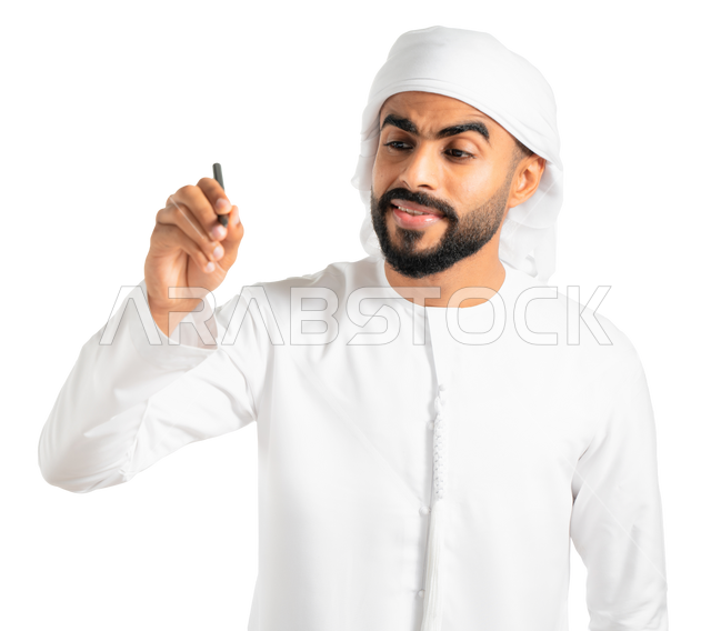 Getting ready to write and define something, a portrait of an Arab ...