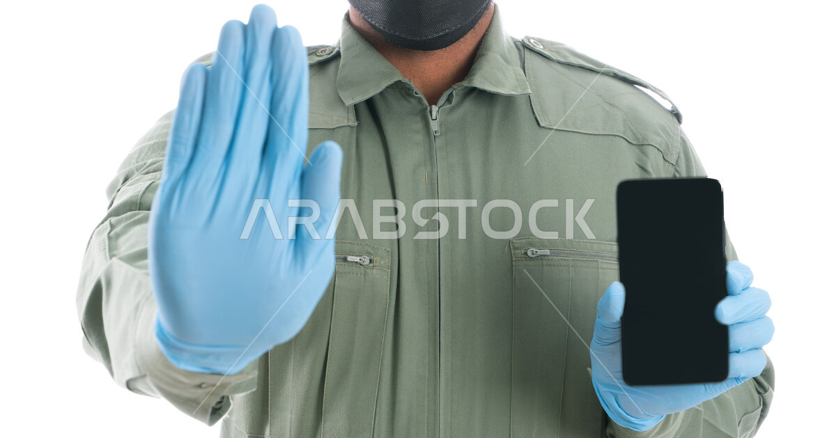 إيماءات يد تدل على التوقف ومنع الإستخدام السيء للهاتف المحمول، بورتريه ...