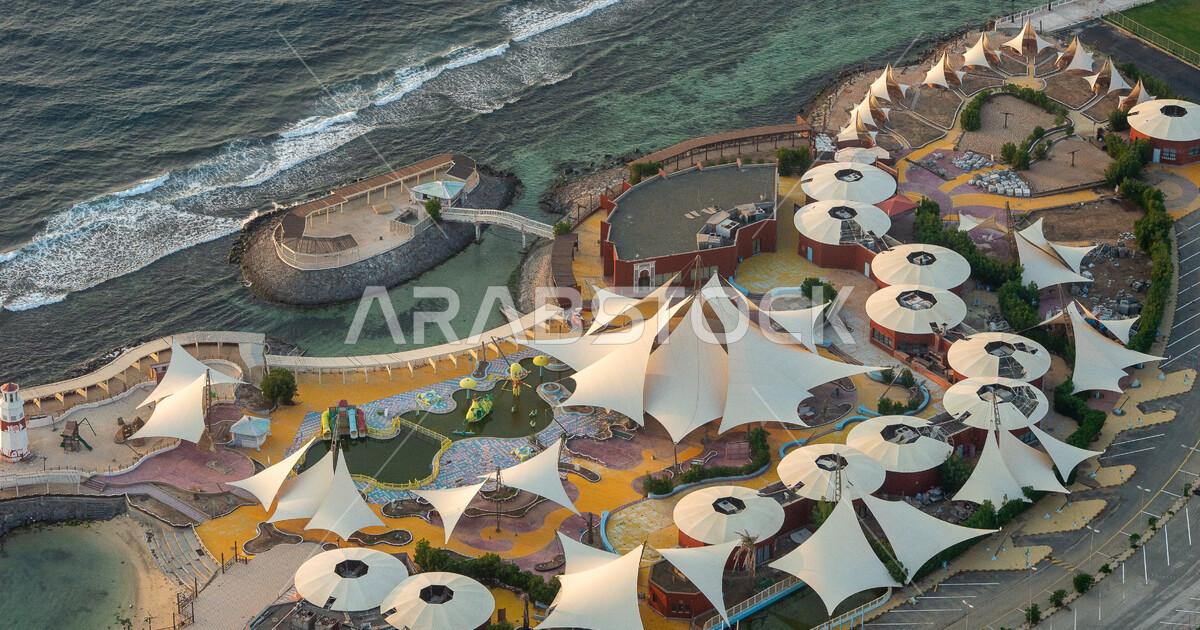 Aerial photo of the tourist island of Al-Sheraa in Jeddah, Saudi Arabia ...