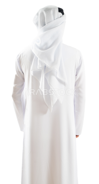 Portrait from behind of an Emirati Arab man wearing traditional Emirati ...