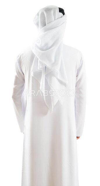 Portrait from behind of an Emirati Arab man wearing traditional Emirati ...