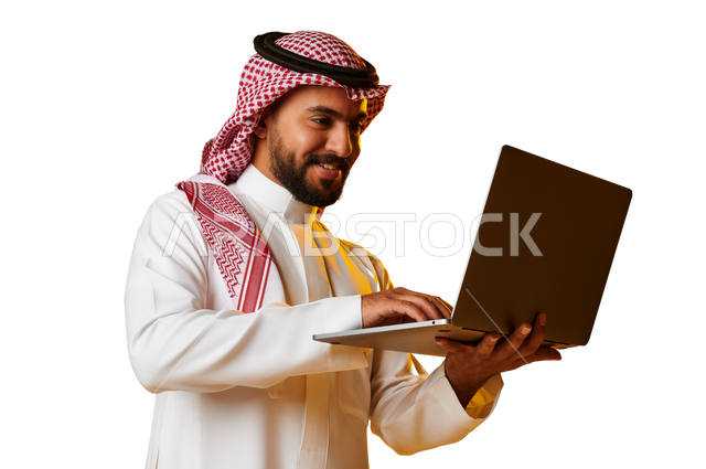 Portrait of a Saudi Arab Gulf man holding a laptop in his hand, working ...