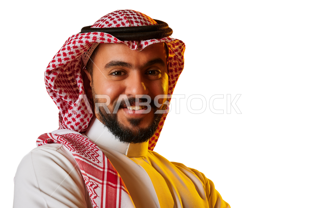 Portrait of a Saudi Arabian Gulf man wearing traditional Saudi dress ...