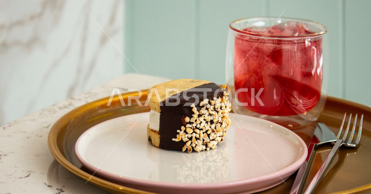 A close-up of a piece of delicious dessert, cold drinks, sweets and ...