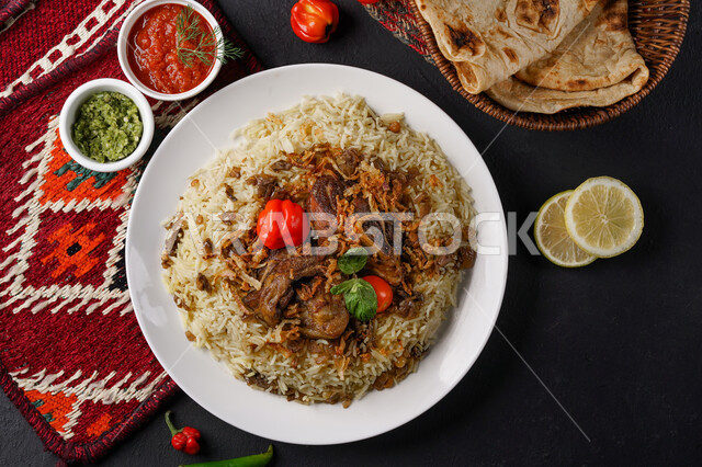 Kabsa rice with meat, Saudi traditional food, Saudi restaurant, Gulf ...