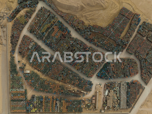 Aerial view of cable reels, equipment and extension tools, cable ...