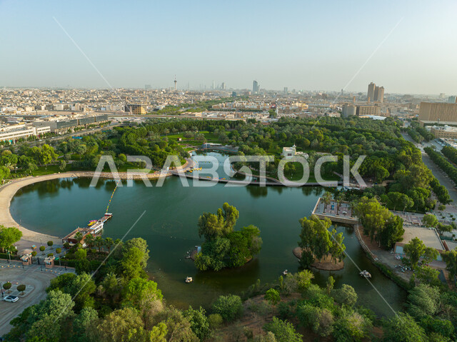 Aerial photo from above of Peace Park Lake in Riyadh, Saudi Arabia ...