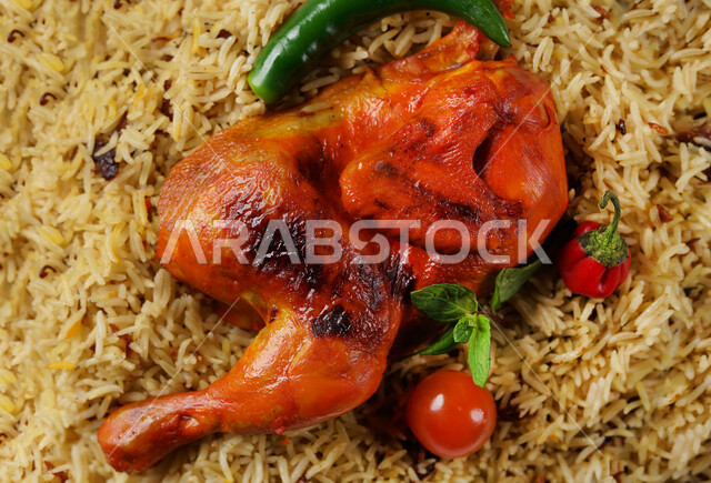 Kabsa rice with chicken, Saudi traditional food, Saudi restaurant, Gulf ...