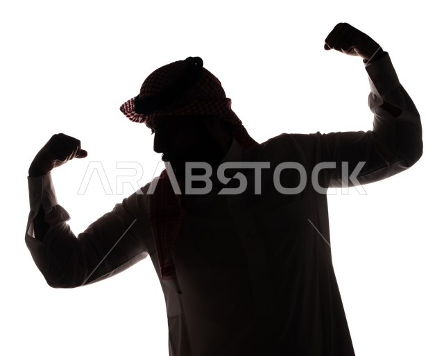 Portrait, silhouette of a Saudi Arabian Gulf man, raising his hands ...