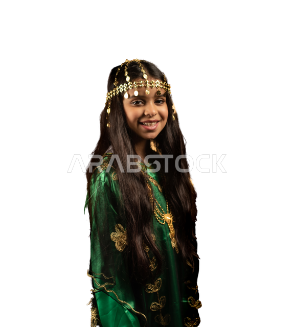 Portrait of a Saudi Arabian Gulf girl wearing a traditional costume for ...