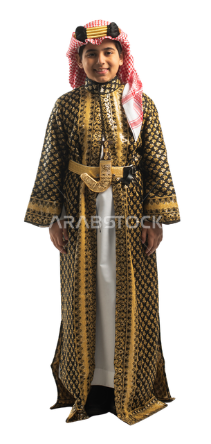 Portrait of a smiling Saudi Arabian Gulf boy, wearing the traditional ...