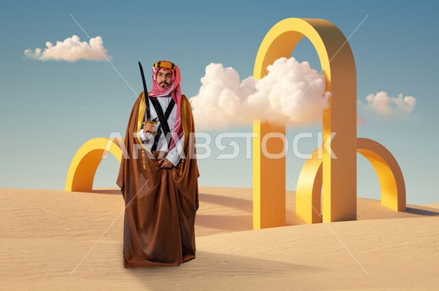 A Saudi Arabian Gulf man in traditional Saudi dress holding a sword in ...