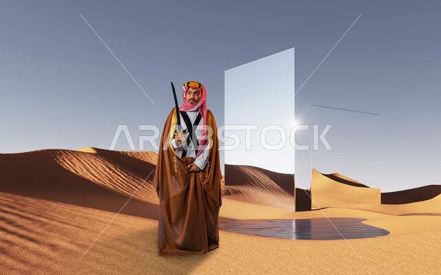 A Saudi Arabian Gulf man in traditional Saudi dress holding a sword in ...