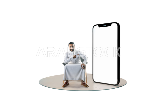 Portrait of a Saudi Arabian Gulf man sitting on a chair and pointing at ...