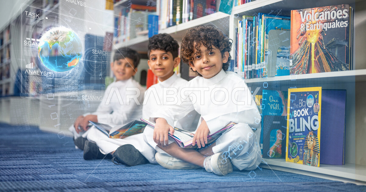 Arab Saudi Gulf students sitting in the school library, enjoying ...