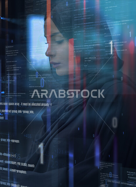A Saudi Arab Gulf woman using a laptop, working in the development of computer networks and ...