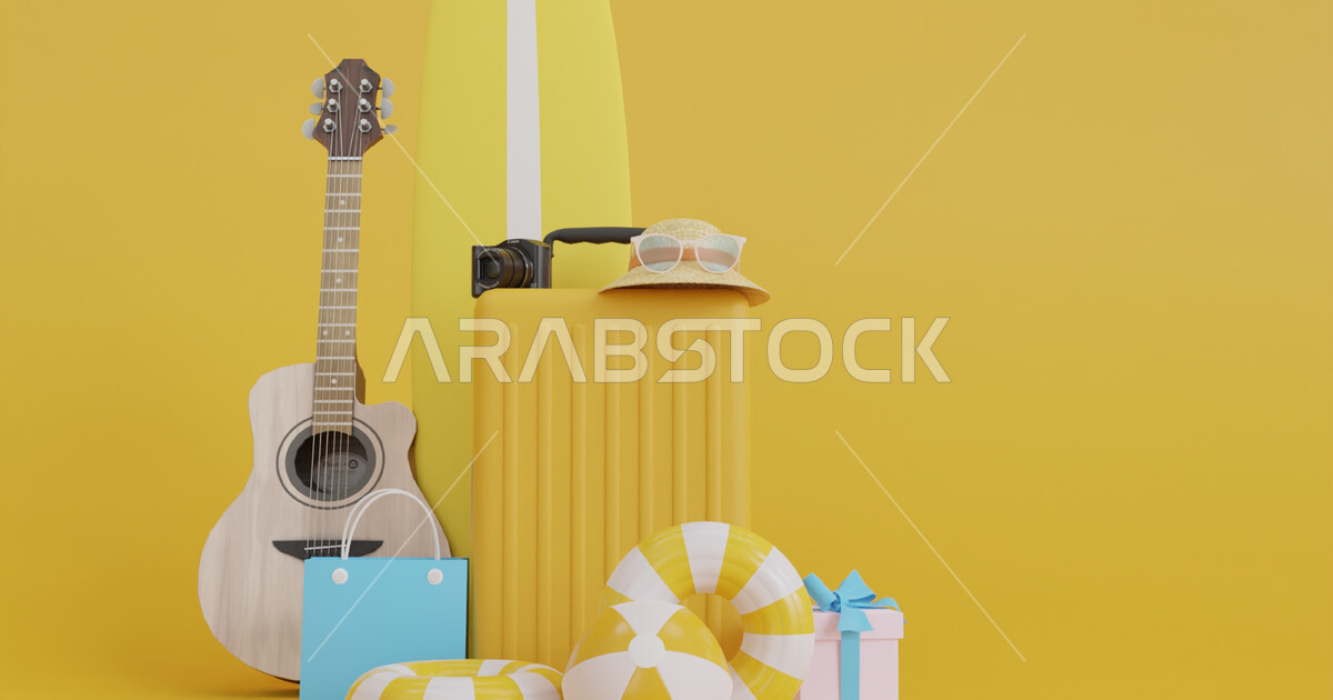 مجموعة من الامتعة الشخصية، اة موسيقية، امتعة خاصة برحلة شاطئية، مفهوم ...
