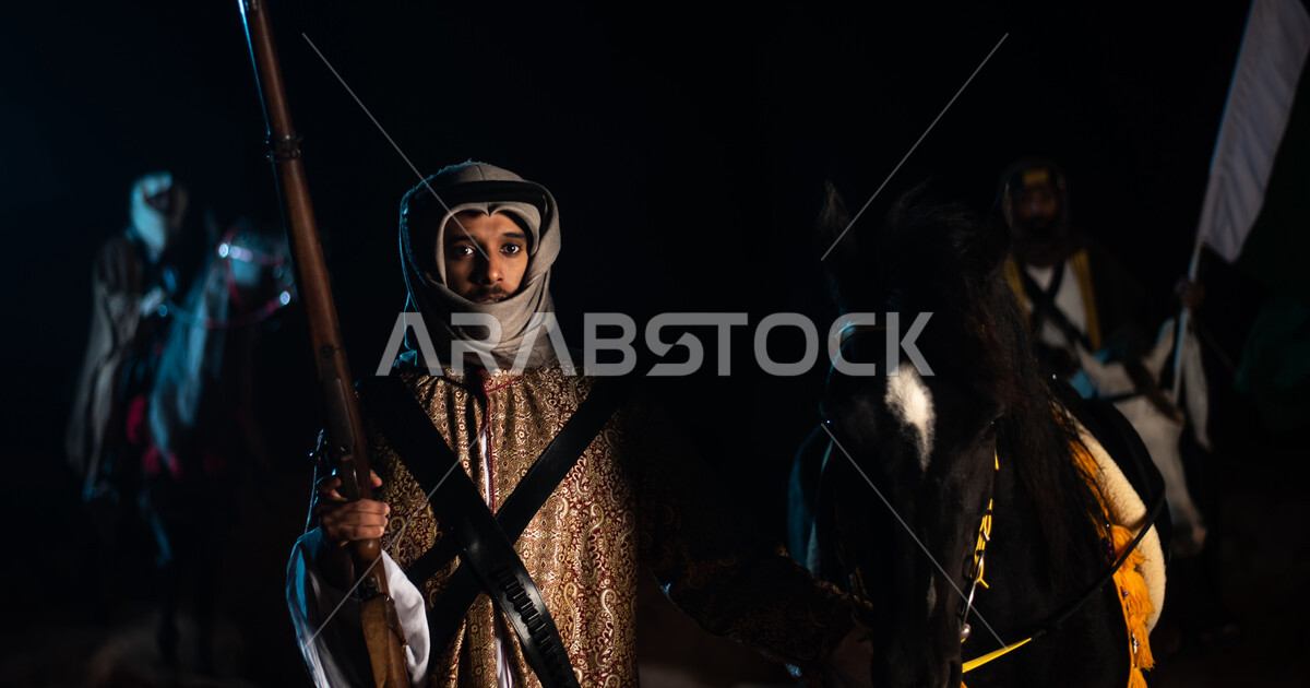 A Saudi Arab Gulf knight wearing a traditional folk costume and ...