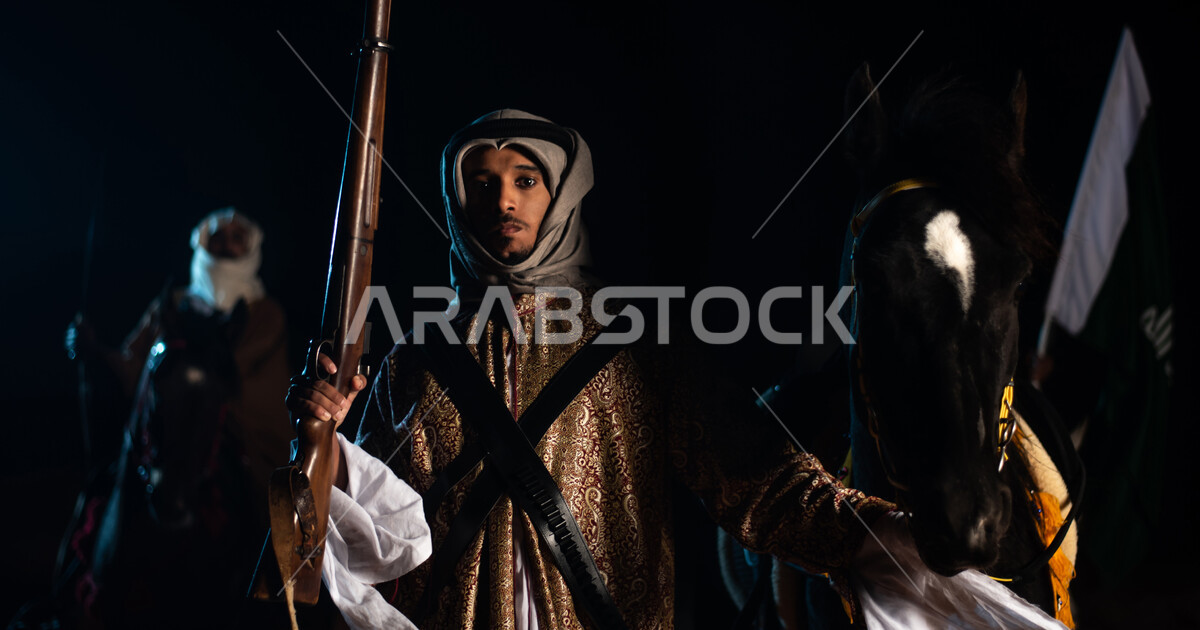 A Saudi Arab Gulf knight wearing a traditional folk costume and ...