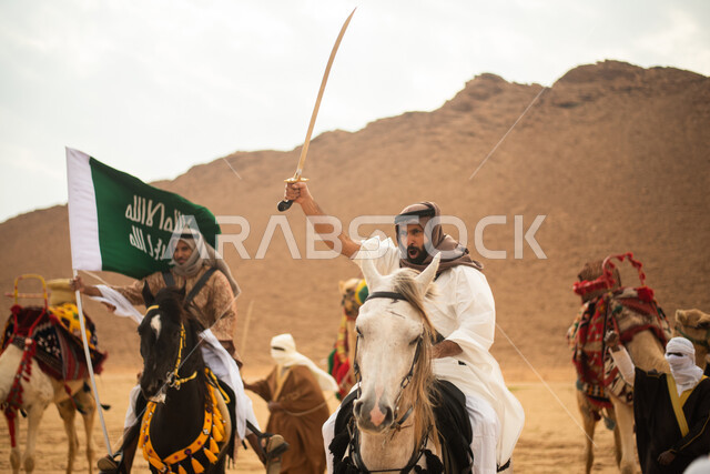 Saudi Arabian Gulf knights riding Arabian horses in the Saudi desert ...